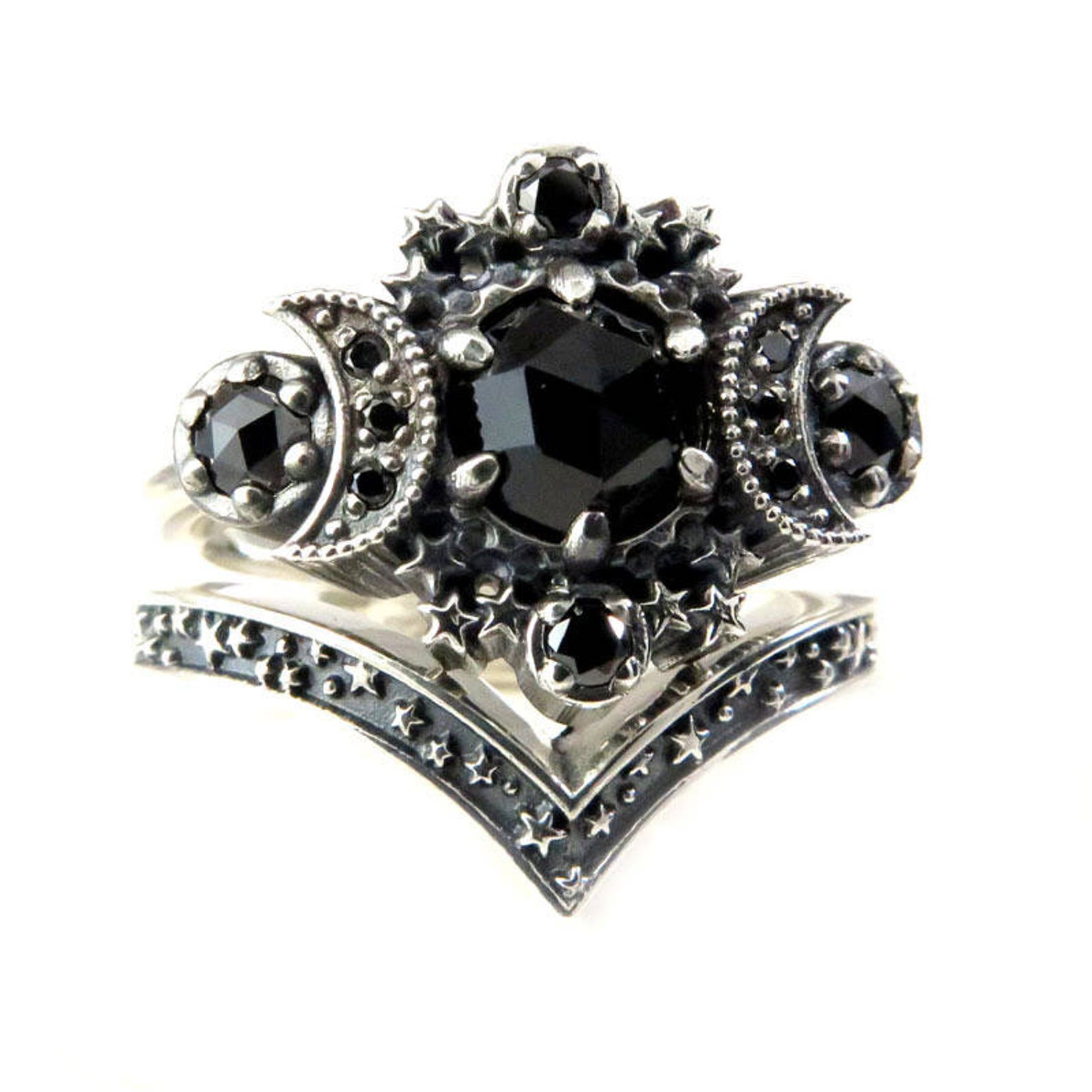 Gothic Cosmos Moon Engagement Ring Set Silver Moon and - Etsy UK