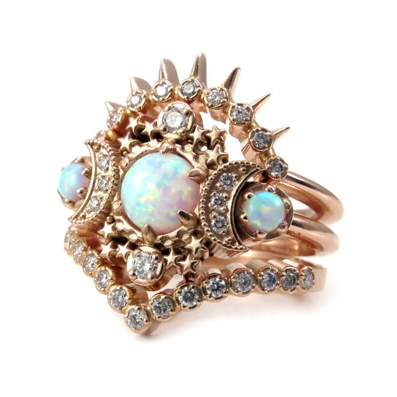 Cosmos Moon Engagement Ring 3 Ring Set with Lab Opals and | Etsy