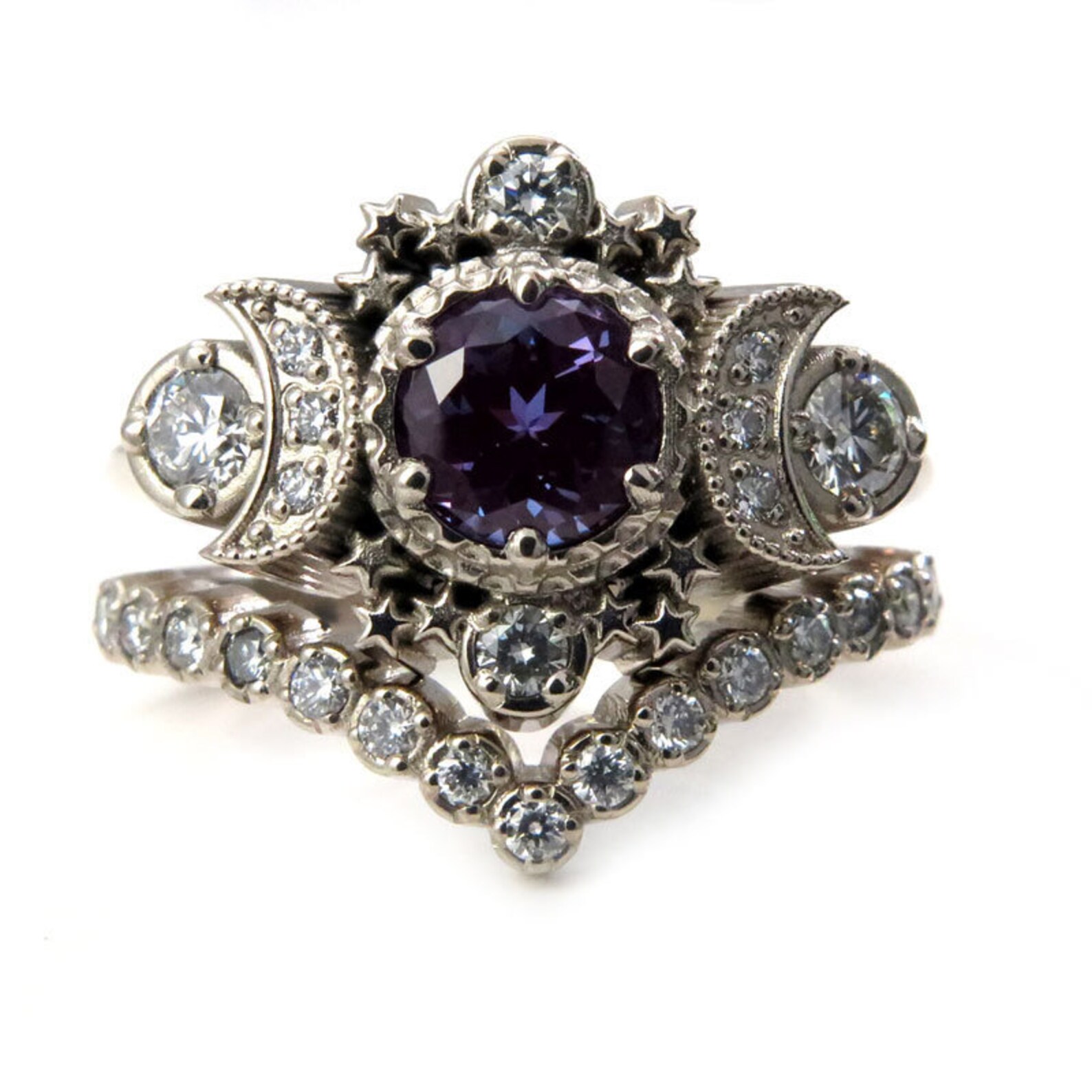 Alexandrite Bridal Set Cosmos White Gold Moon Engagement Ring | Etsy