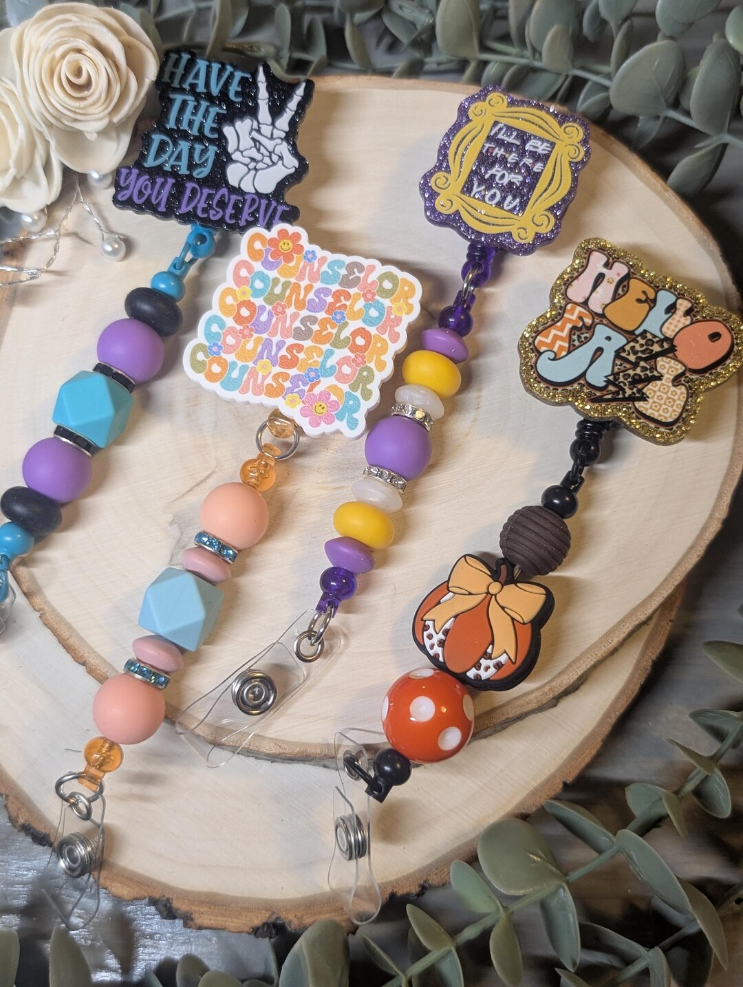 Beaded Badge Reel With Acrylics Teacher/fall/professional - Etsy