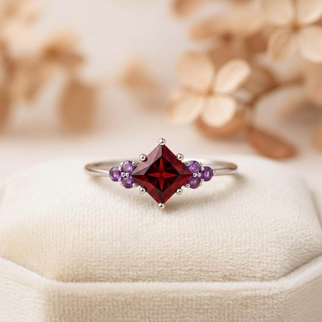 Princess Cut Garnet Engagement Ring, Amethyst Cluster, Solid Gold ...