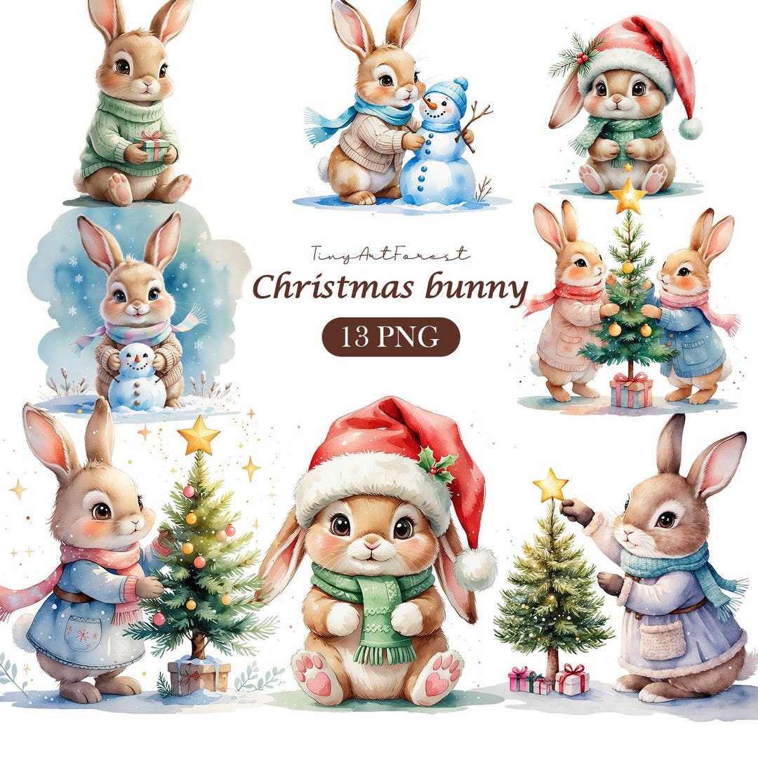 Watercolor Christmas Bunny Clipart Pack – Winter Rabbit Graphics ...