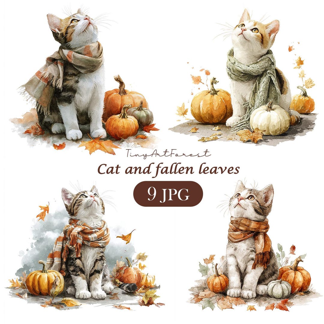 Watercolor Cats Clipart Bundle – Fall Cat Art, Pumpkin Season PNG JPEG ...