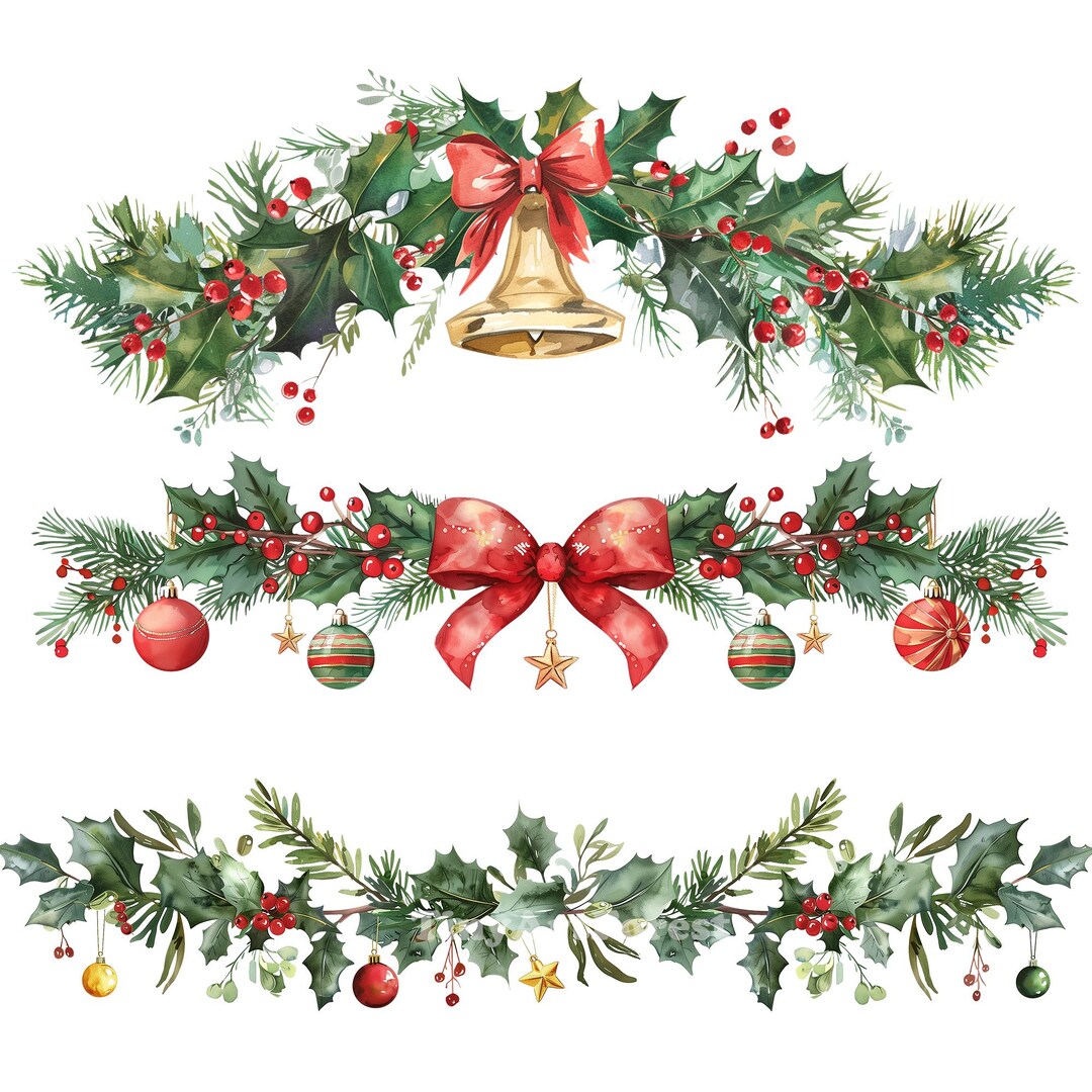 Watercolor Xmas Garland and Tree PNG, Christmas Border Winter Clipart ...