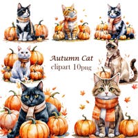 Watercolor Fall Cat Clipart: Brown Long Haired Cats (digital Download ...
