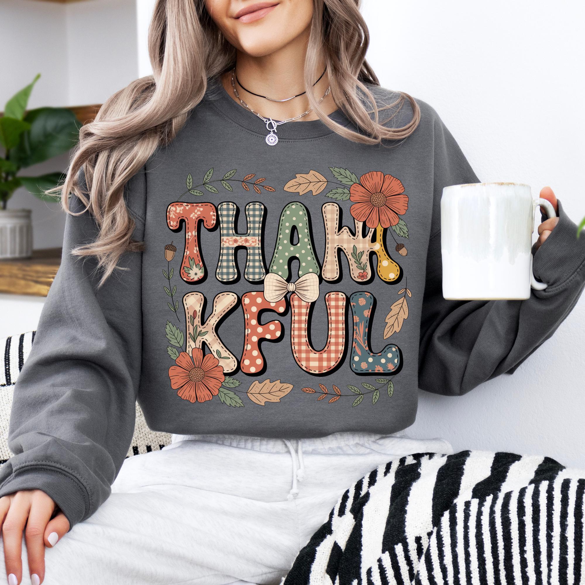 Thankful Fall PNG, Retro Patchwork Autumn Quote Clipart, Vintage Floral ...
