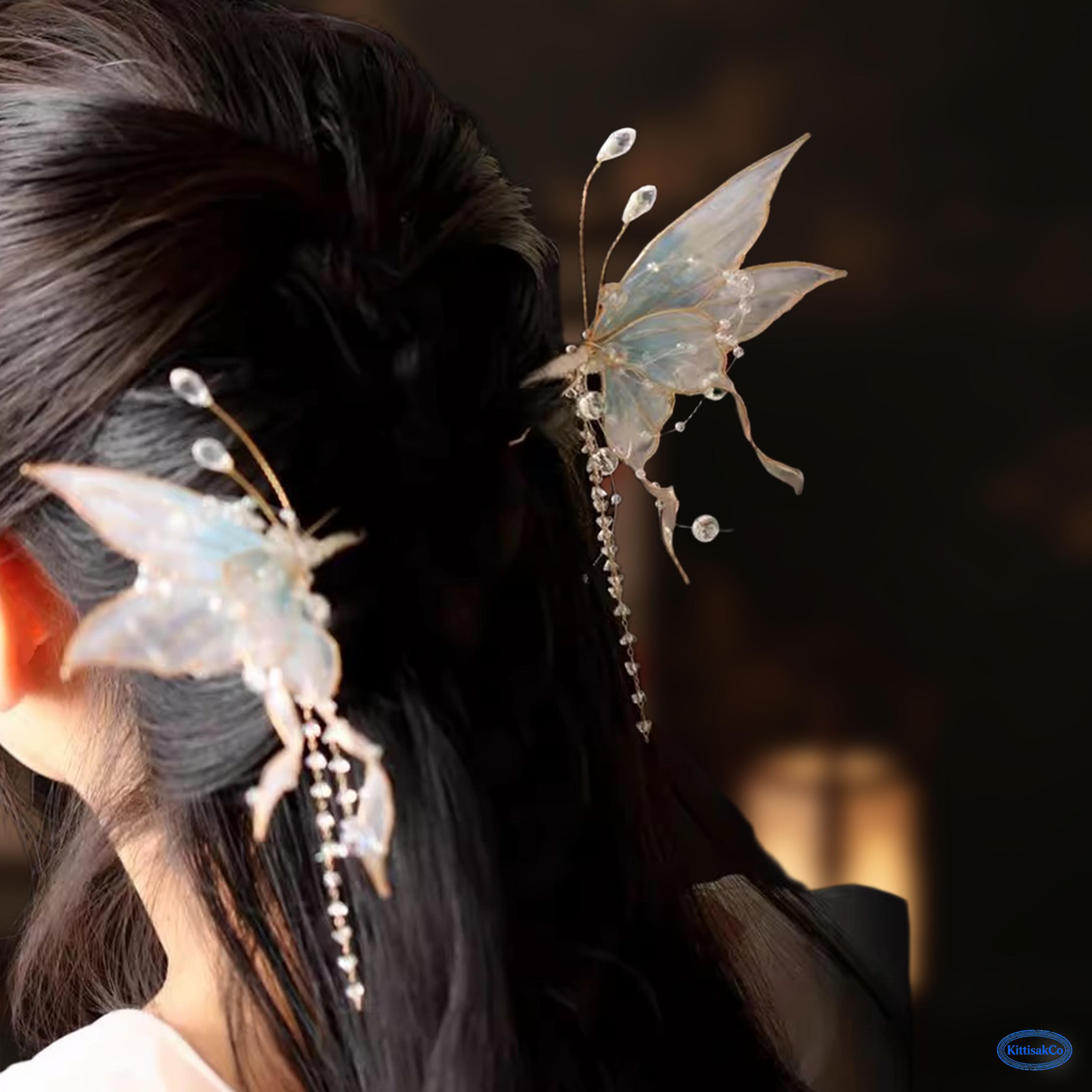 Bule and Purple Organza Butterfly Hair Pins With Rhinestone Crystals ...