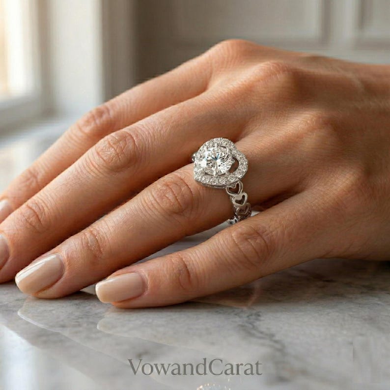 Heart Halo Ring Engagement: Romantic Heart Motif Design, Lab-grown ...