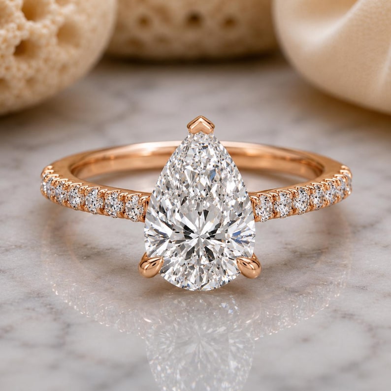 June Wedding Ring Pear Diamond Engagement Ring: Lab Grown Pavé Band ...