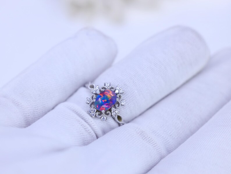 Vintage Style Handmade Halo Blue and Red Opal Gemstone & Moissanite ...