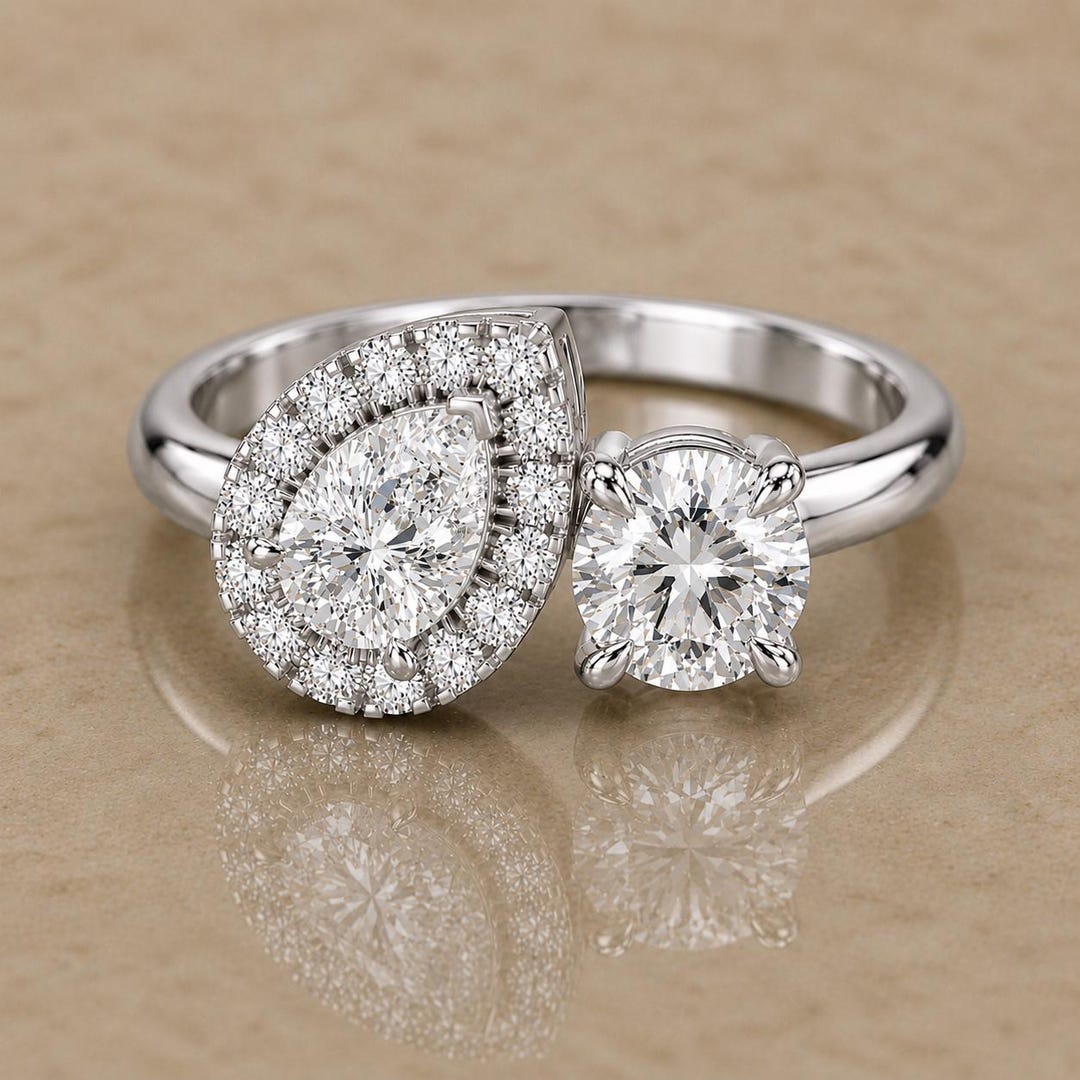 June Wedding Ring Toi Et Moi Pear Round Diamond Ring: 14k White Gold ...