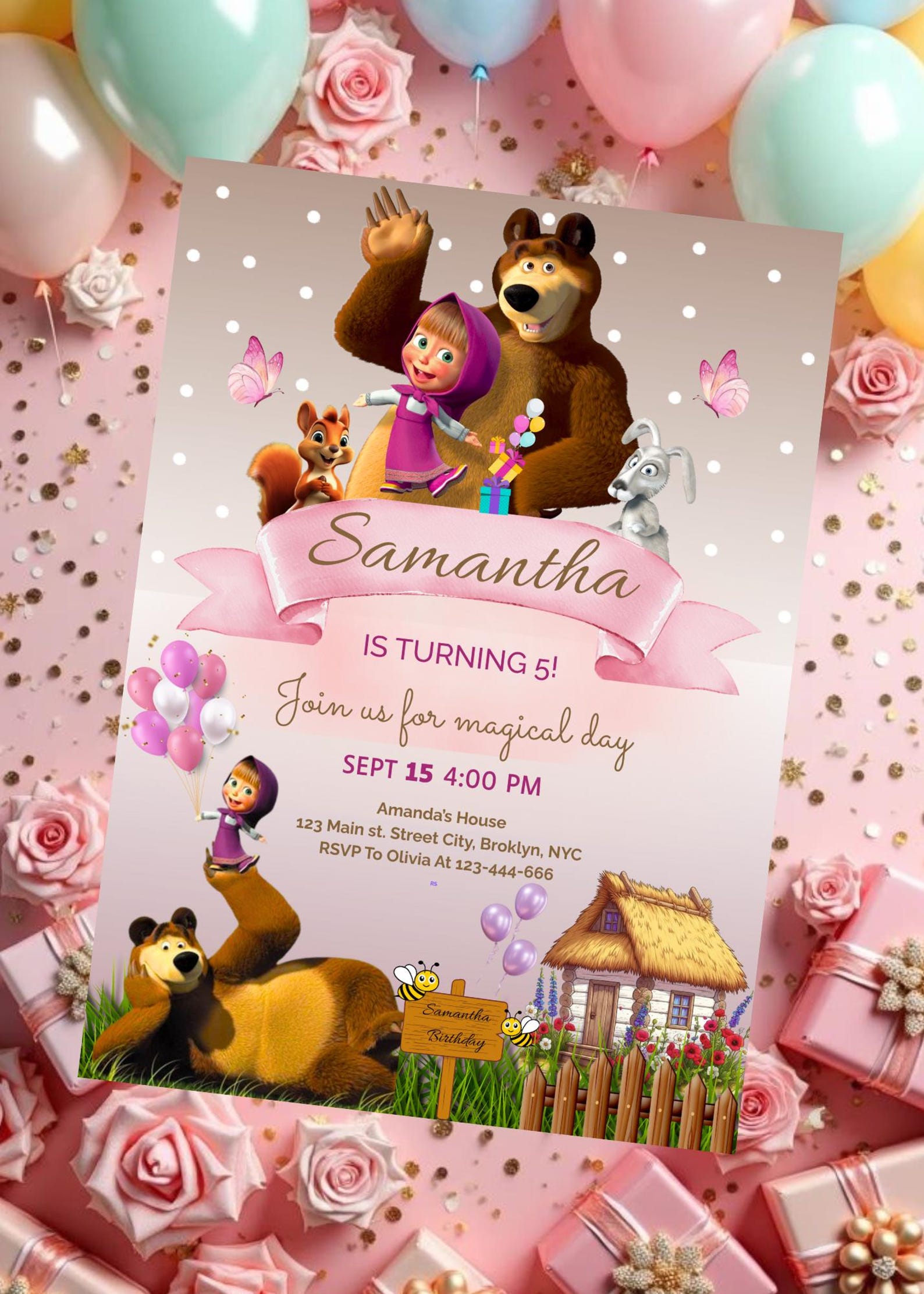 Masha and the Bear Birthday Invitation | Pink Canva Template (digital ...