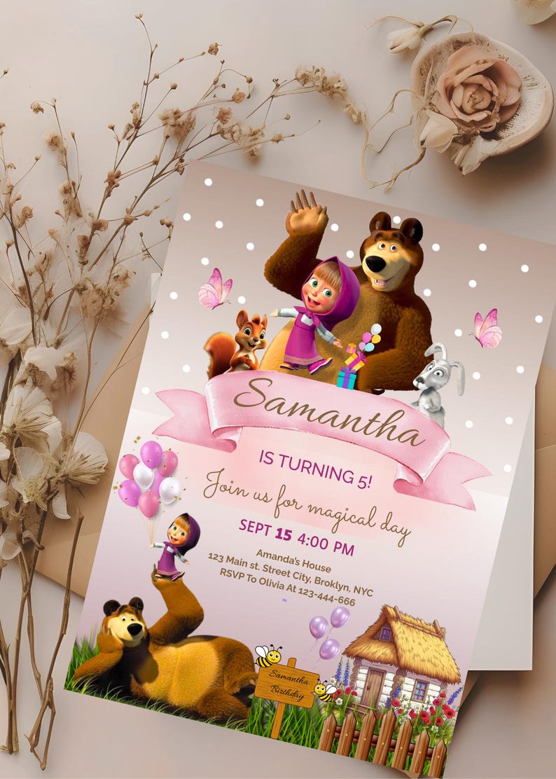 Masha and the Bear Birthday Invitation | Pink Canva Template (digital ...