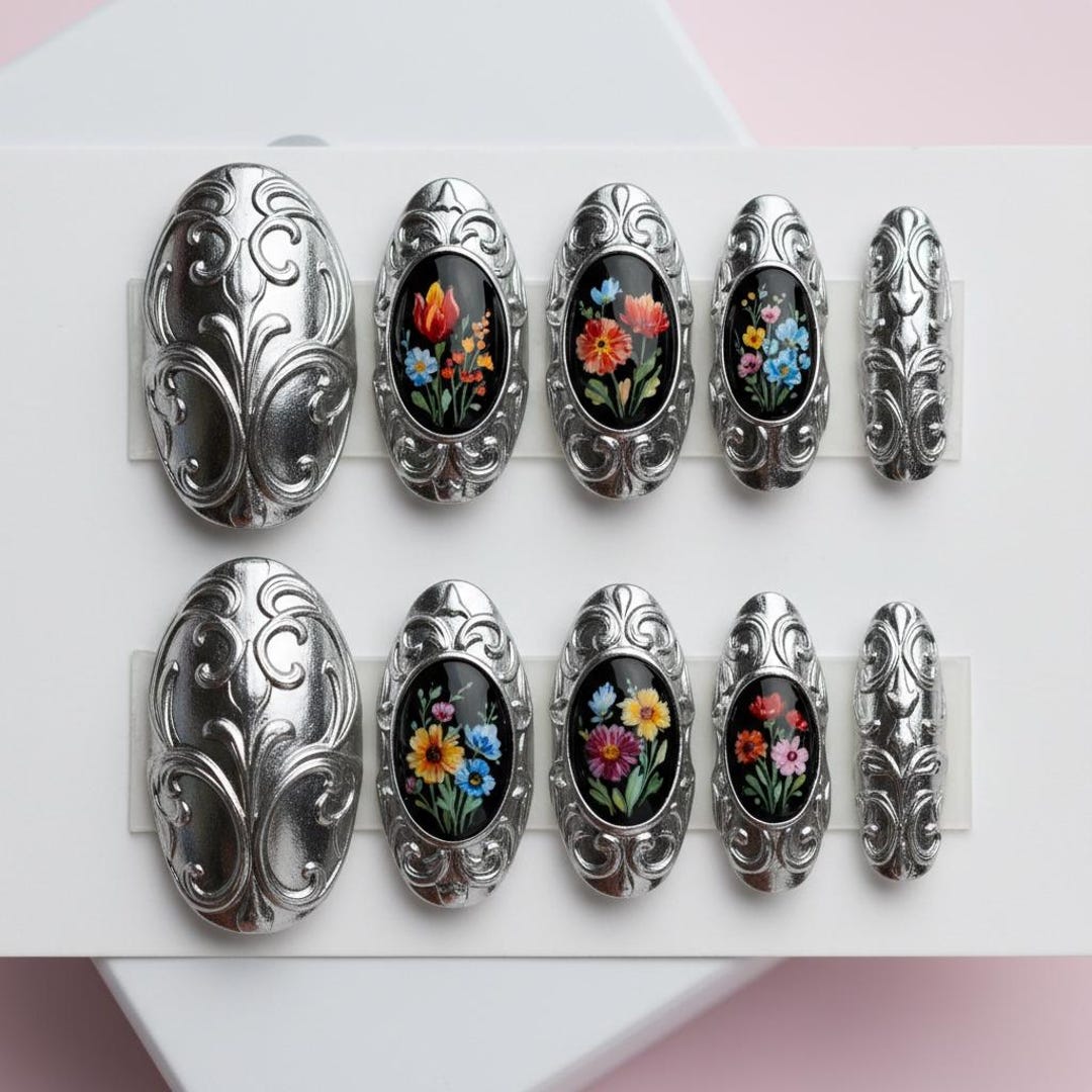 Vintage Silver Chrome Press on Nails | Gothic Floral Fake Nails ...