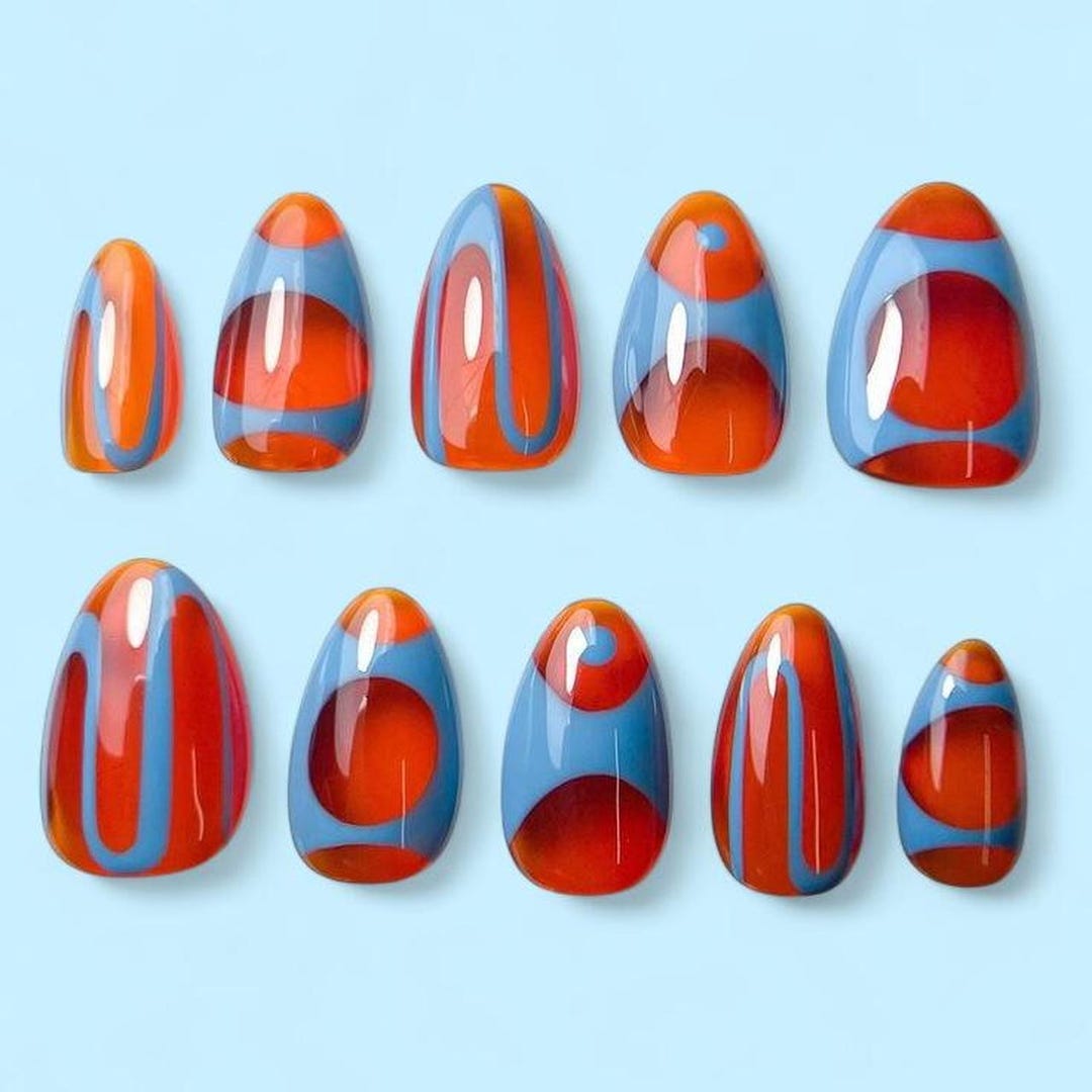 Orange Blue Abstract Press on Nails – Handmade Swirl Fake Nails Set ...