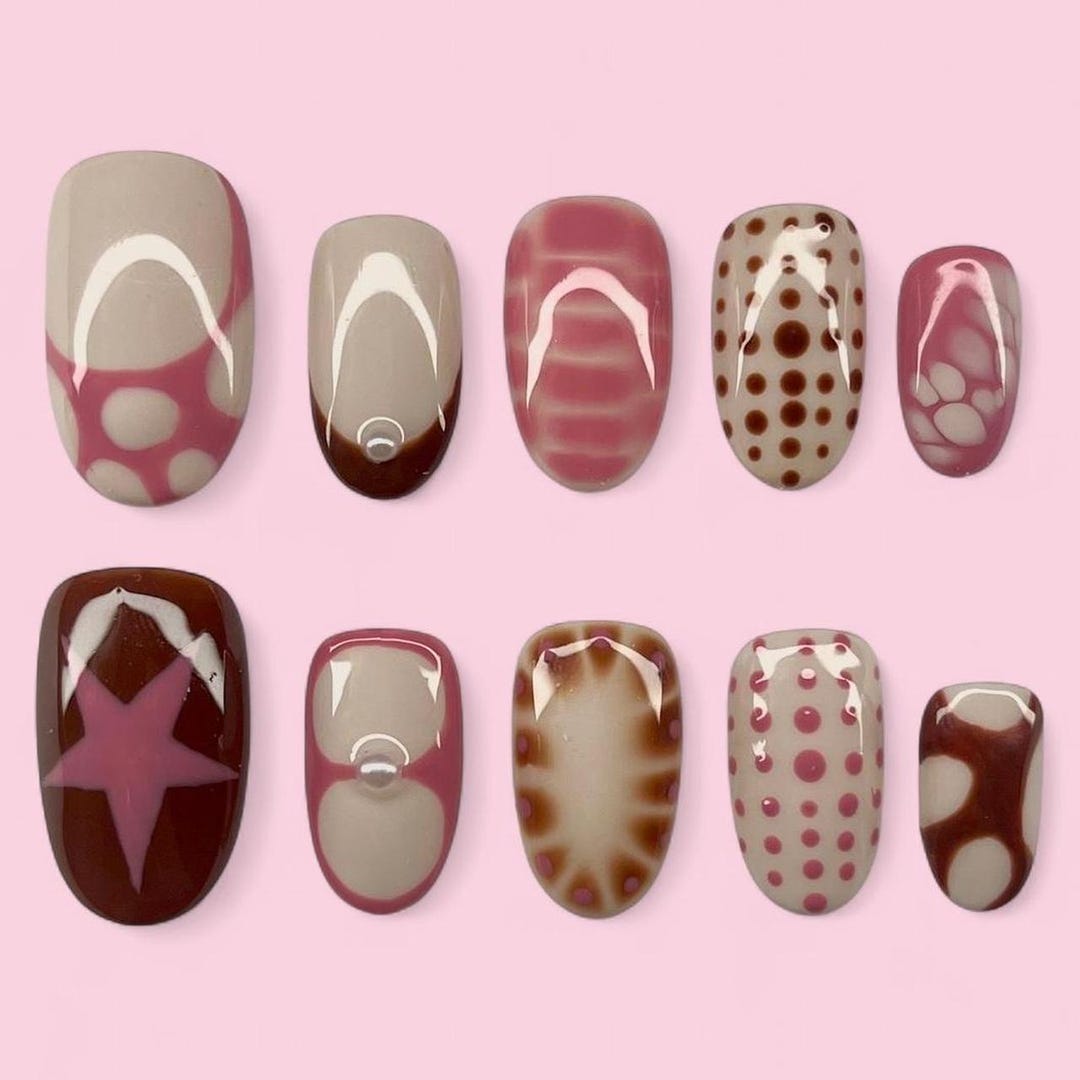 Retro Abstract Press on Nails | Brown Pink Dot Nail Art | Star & Wavy ...