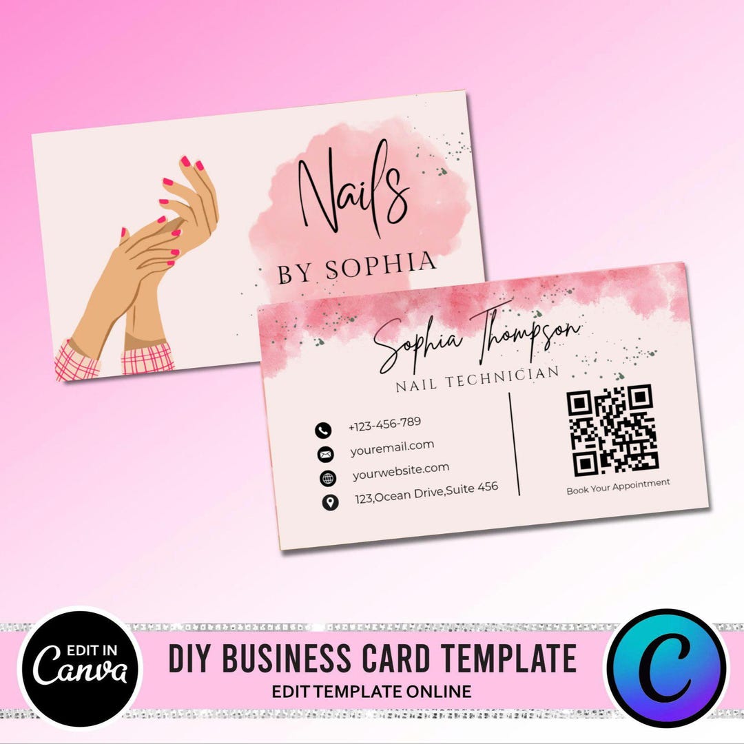 Pink Nail Tech Business Card Template Canva | Watercolor QR Code ...