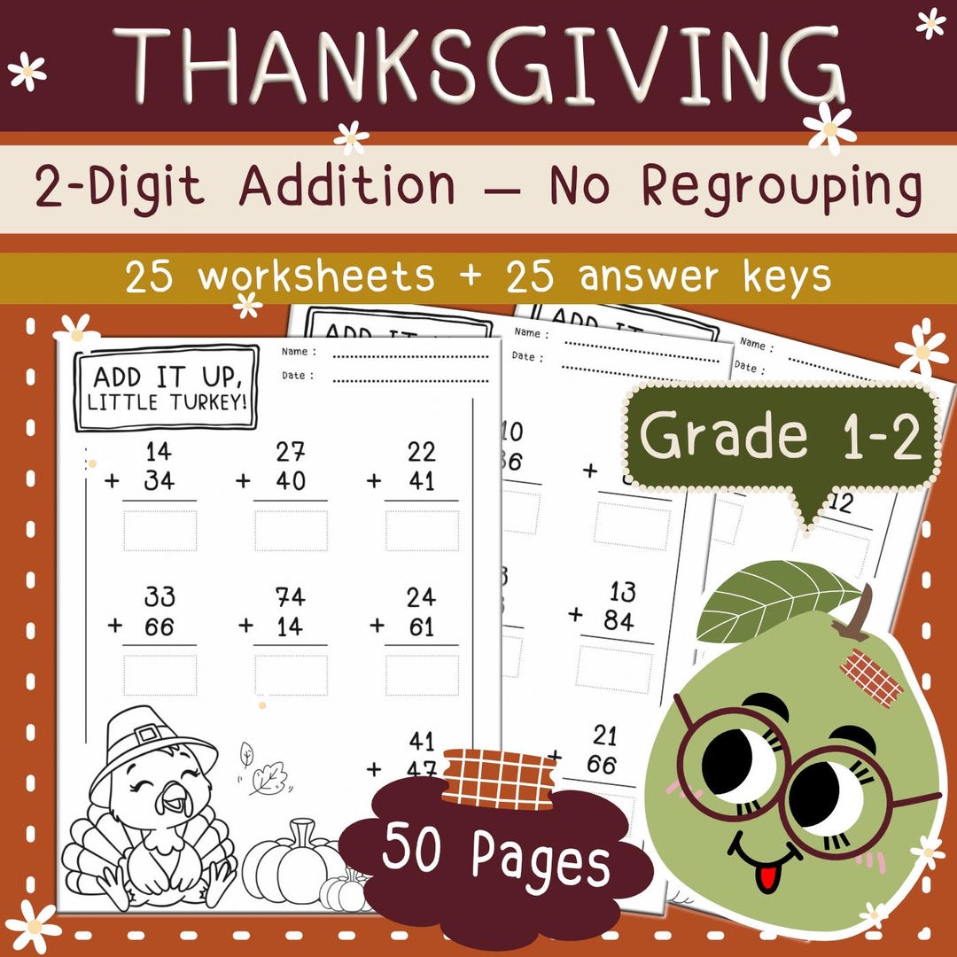 Thanksgiving Math Worksheets Grade 1-2 | 2-digit Addition No Regrouping ...
