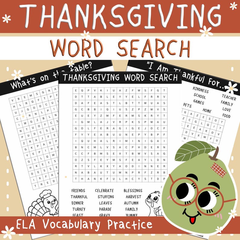 Thanksgiving Word Search Worksheets for Kids • Fall Activity Pages ...