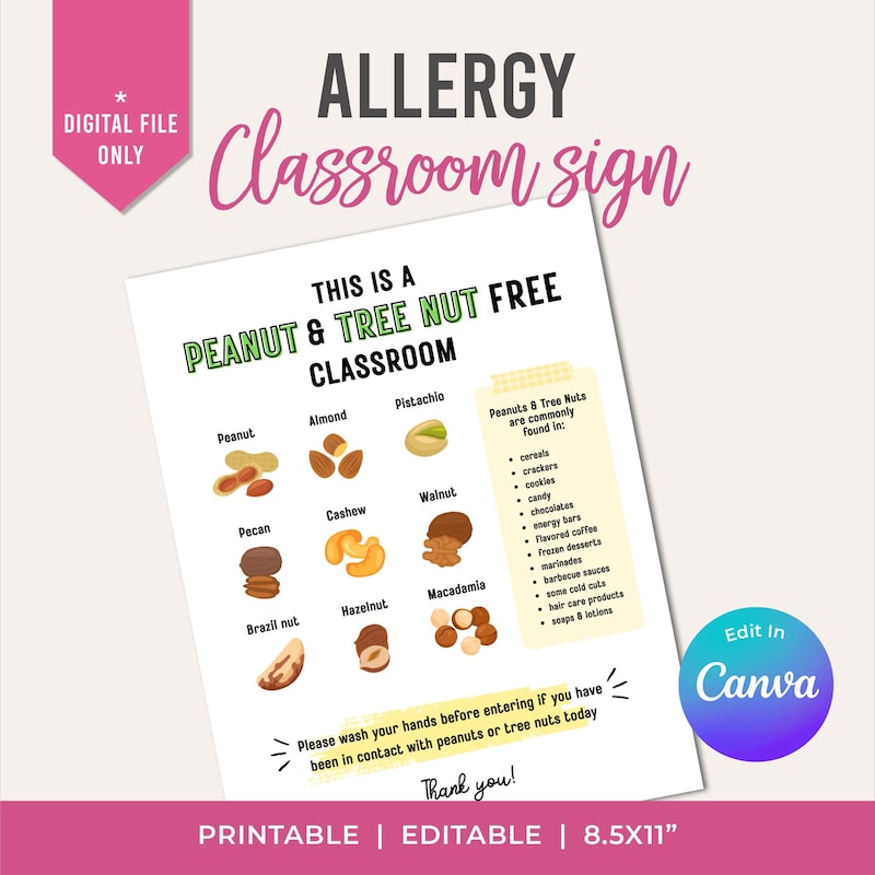 Nut Allergy Sign Printable - Etsy Canada