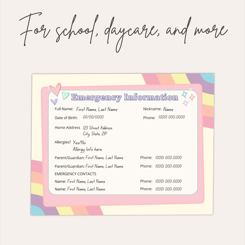 Rainbow Emergency Contact Card for Kids: School Safety ID (digital ...