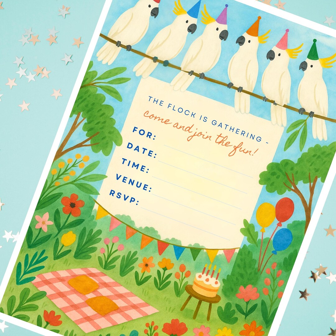 Cockatoo Birthday Party Invitation: Australian Garden Picnic (printable ...