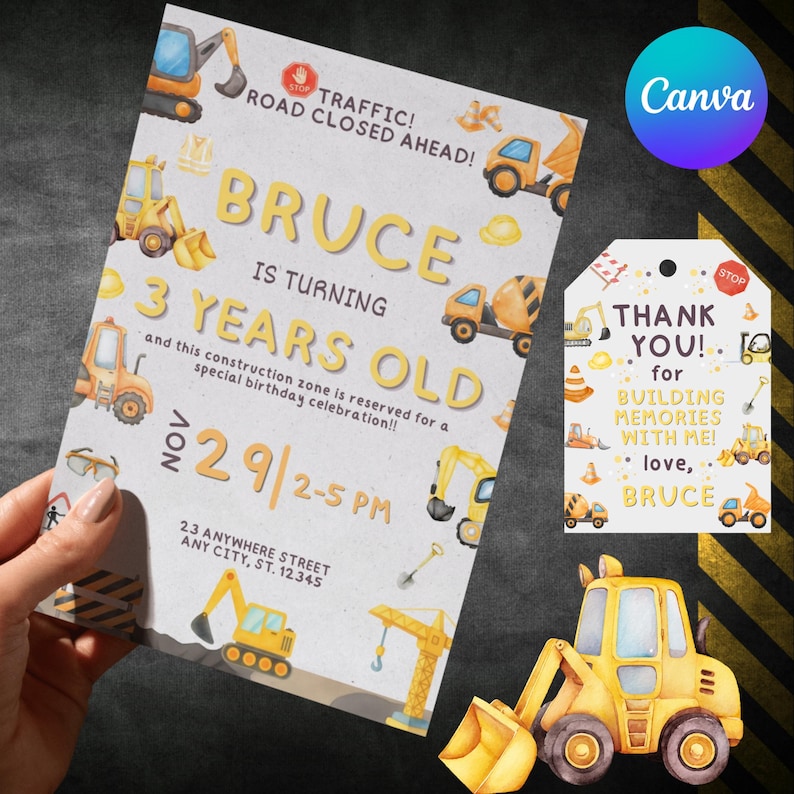 Construction Vehicle Birthday Invitation Template, Excavator Invitation ...