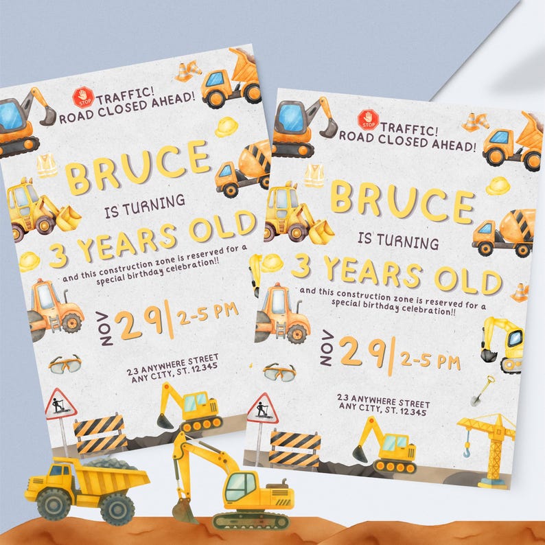 Construction Vehicle Birthday Invitation Template, Excavator Invitation ...
