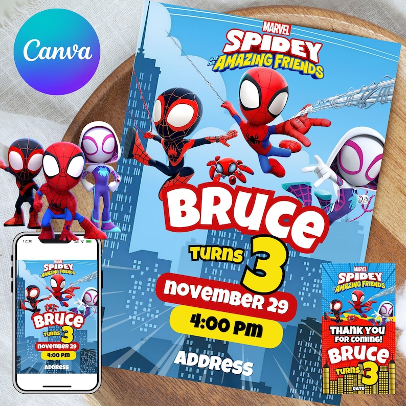 Spidey and His Friends Birthday Invitation | Editable Canva Template ...