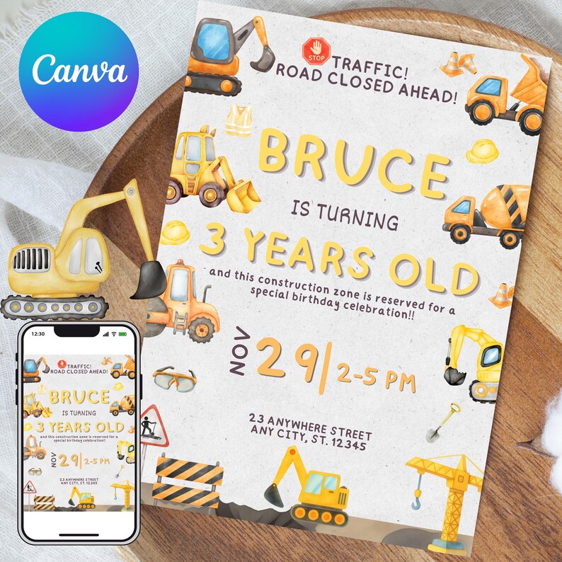 Construction Vehicle Birthday Invitation Template, Excavator Invitation ...