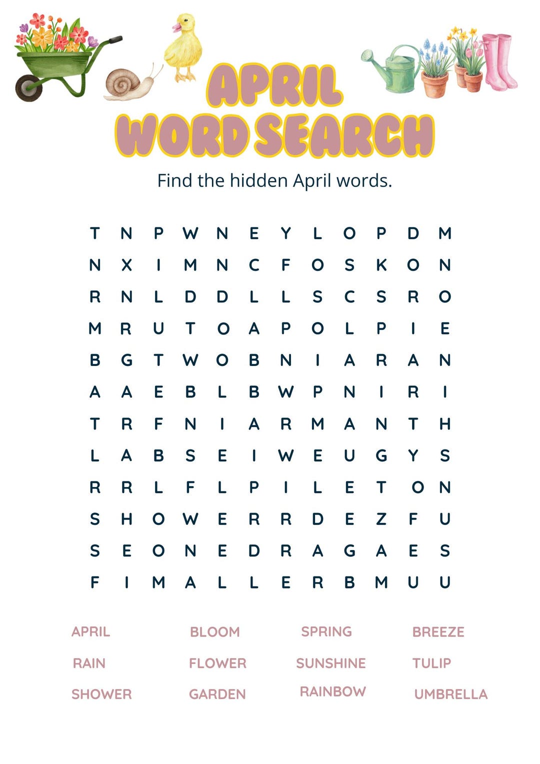 April Word Search Printable - Spring Classroom Activity for Kids - Etsy