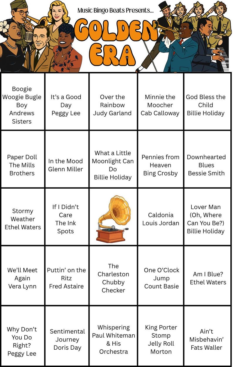 Golden Era Music Bingo, 20 Bingo Cards, Playlist Included, Digital ...