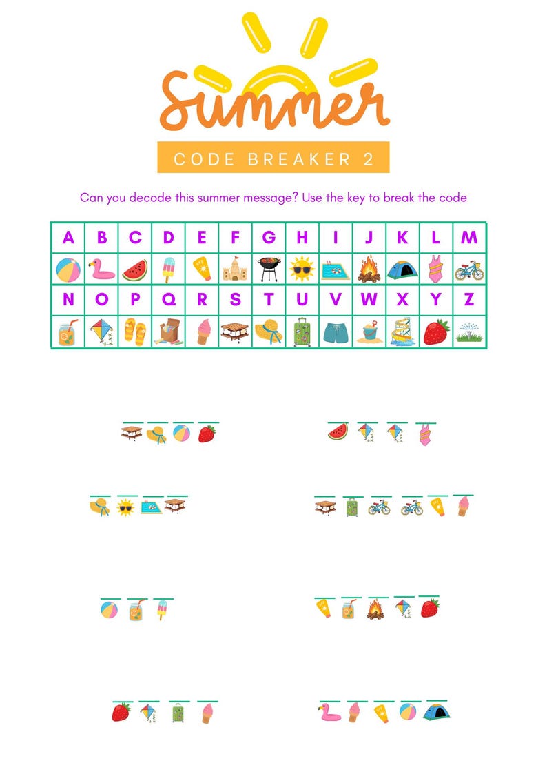 Summer Code Breaker, Kids Printable, Summer Party Game, Decoder ...
