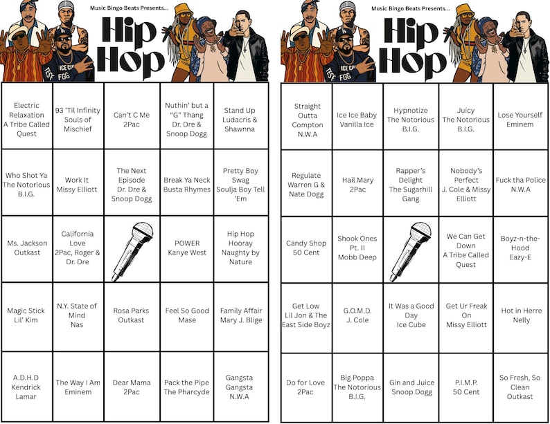 Hip Hop Music Bingo Party Game: 20 Printable Cards, Spotify Playlist ...