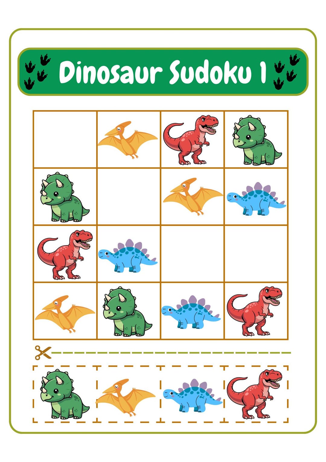 Dinosaur Sudoku for Kids Printable, Dino Birthday Party Activity, Kids ...