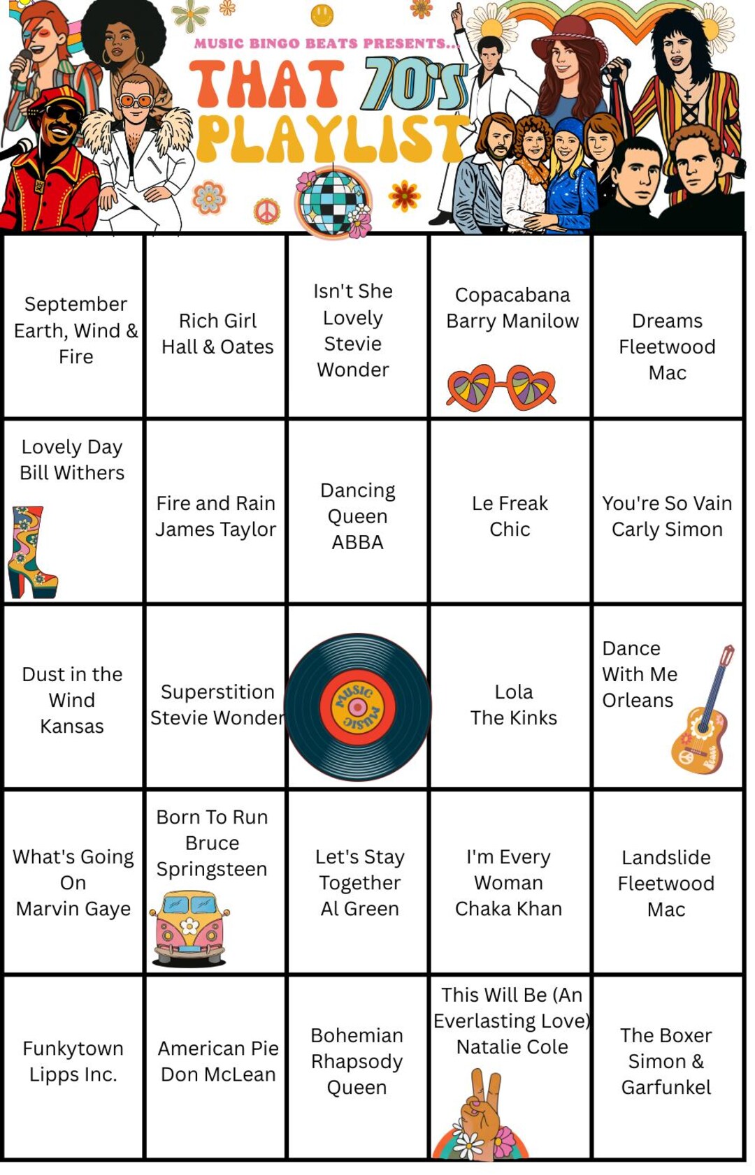 70s Music Bingo Game: 20 Printable Cards, Spotify Playlist (digital ...