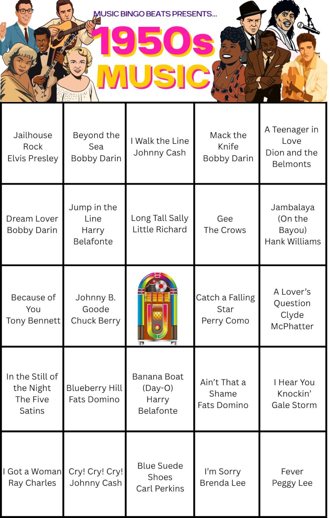 1950s Music Bingo Game: 20 Printable Cards (digital Download) - Etsy