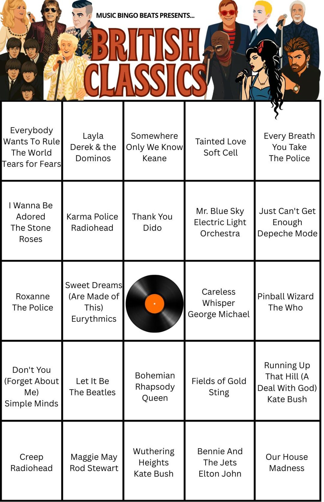MUSIC BINGO -british Classics, 20 Bingo Cards, Playlist Included ...