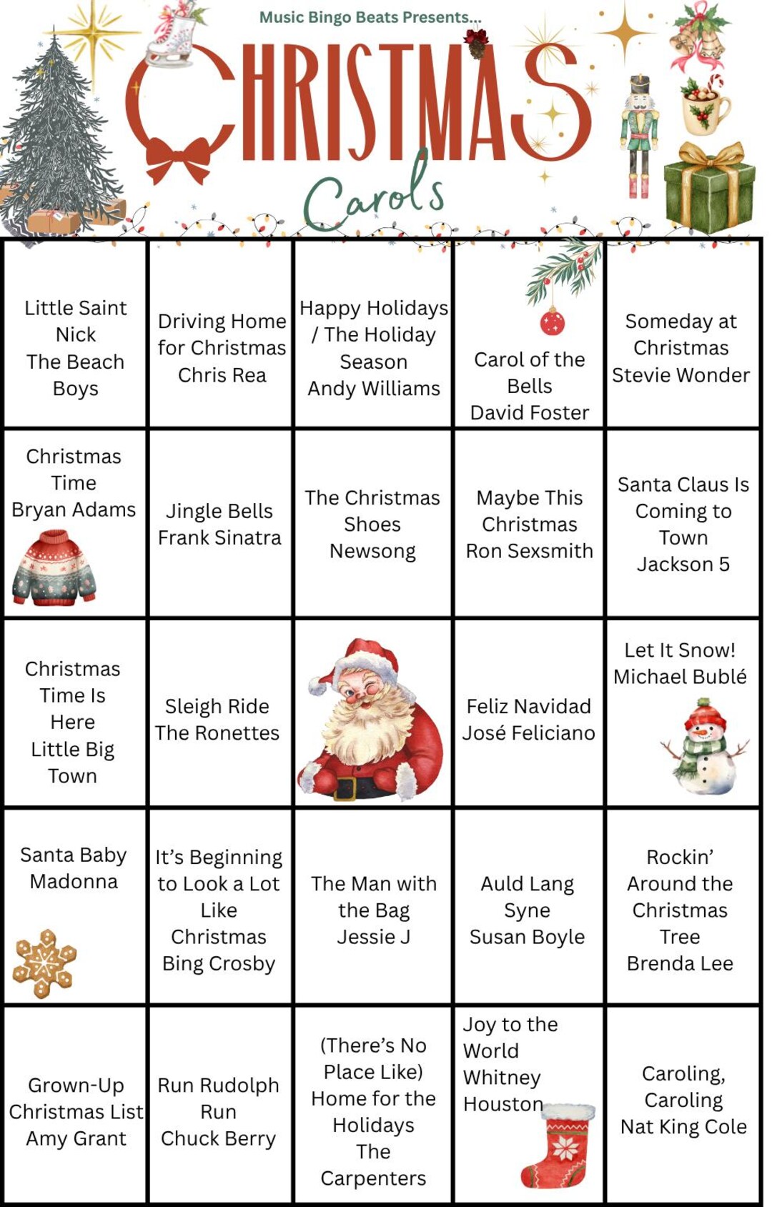 Christmas Music Bingo Party Game: 20 Printable Cards, Spotify Playlist ...