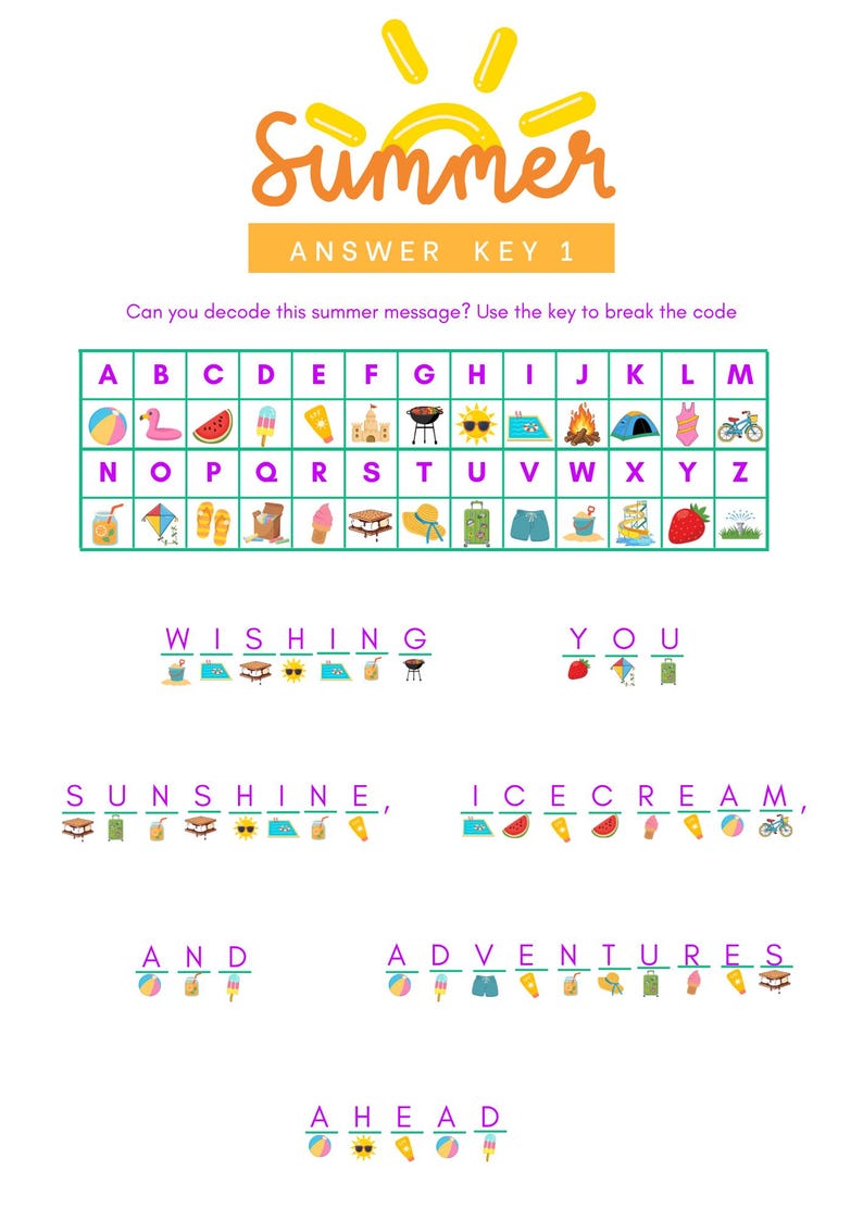 Summer Code Breaker, Kids Printable, Summer Party Game, Decoder ...