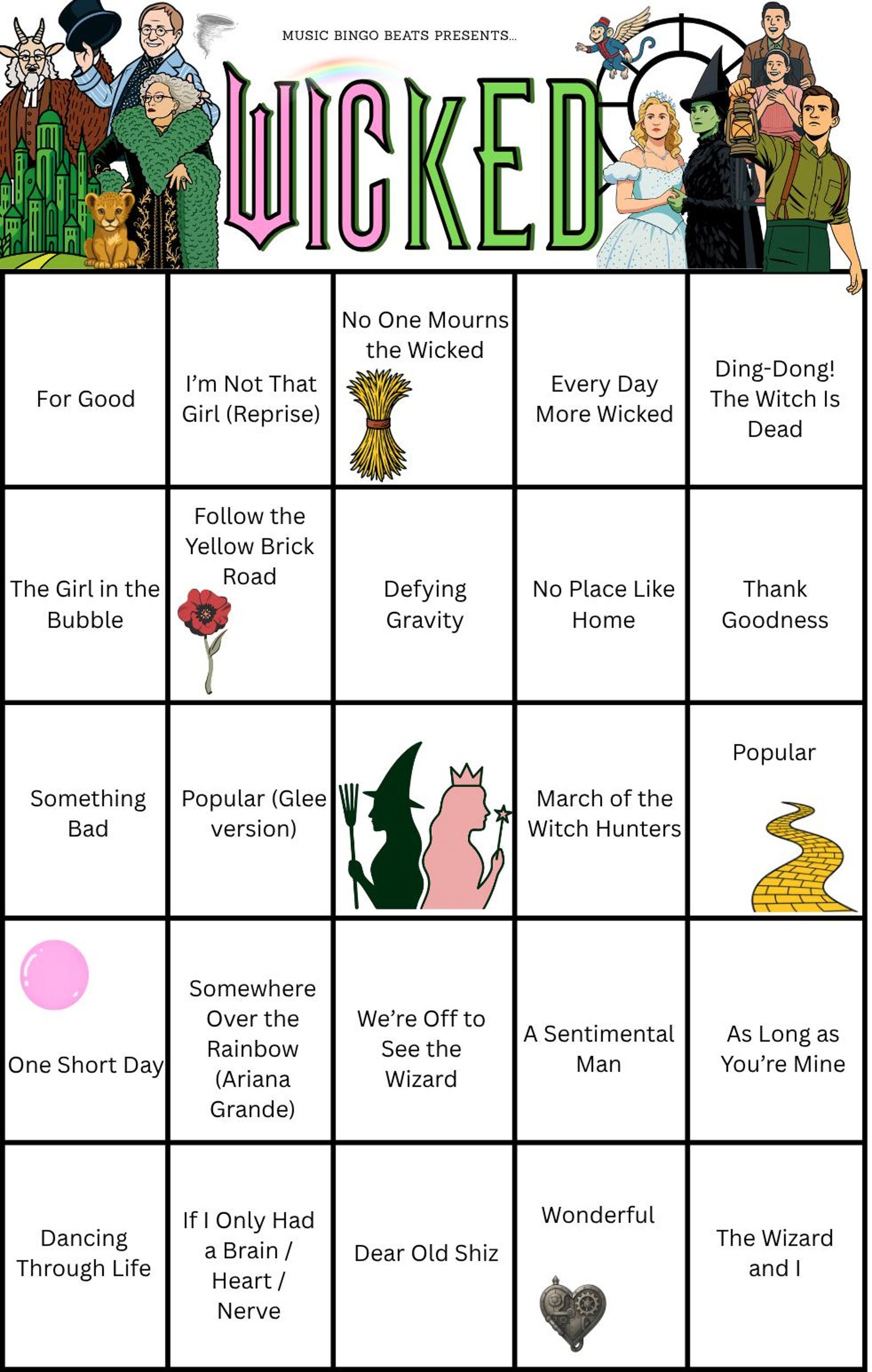 Wicked Music Bingo, 20 Bingo Cards, Playlist Included, Digital Download ...