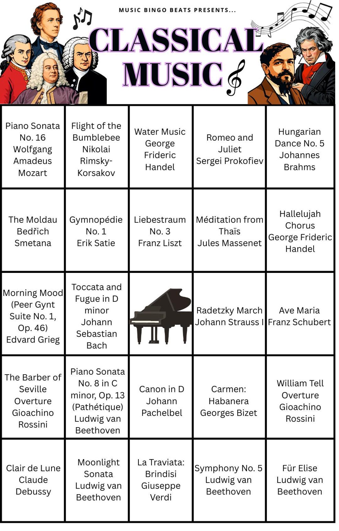 Classical Composers Music Bingo Game: 20 Cards (digital Download ...