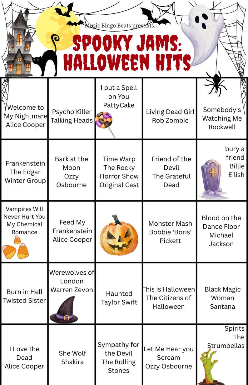 Halloween Music Bingo Party Game: 20 Printable Cards, Spotify Playlist ...