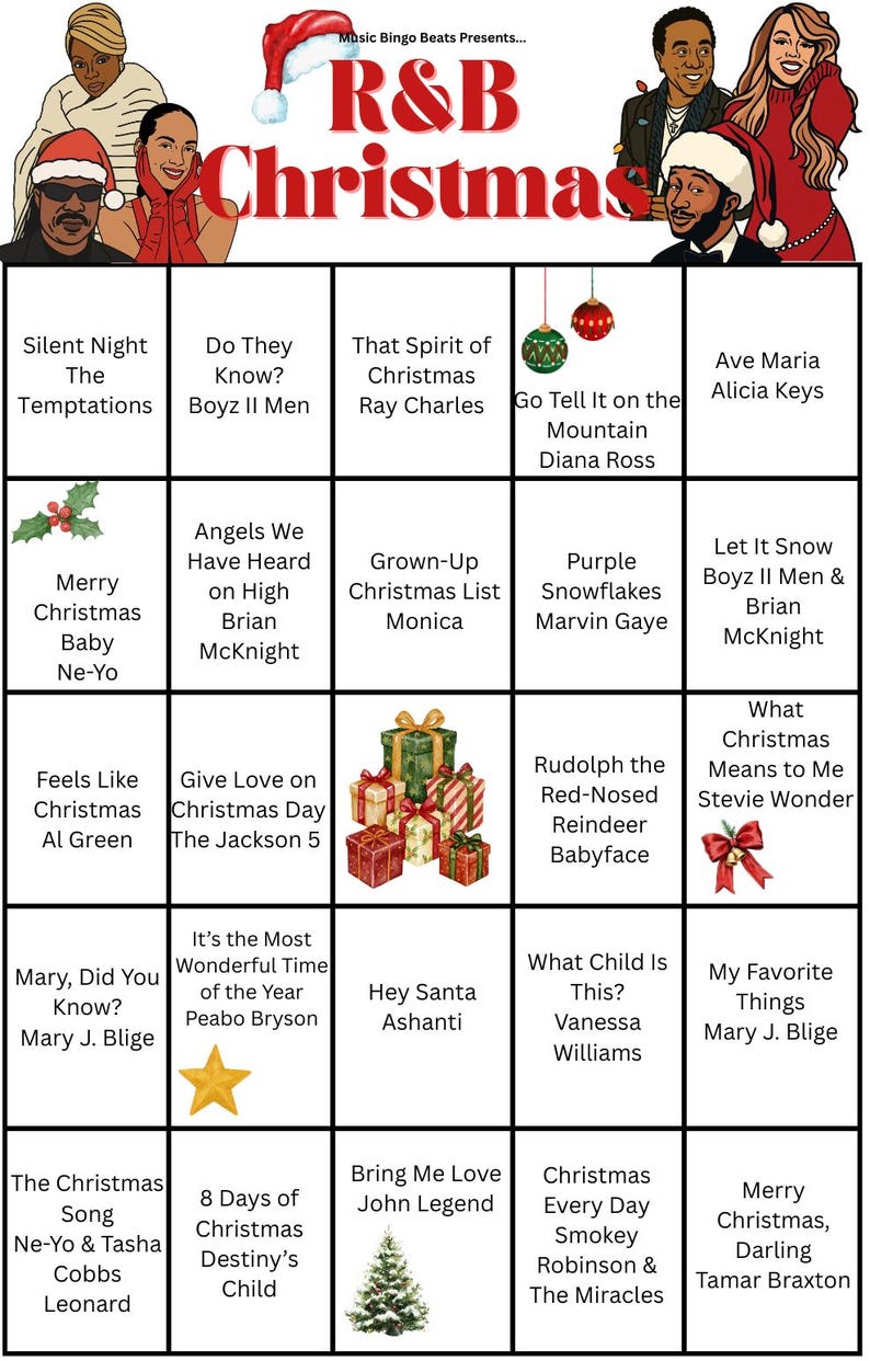 R&B Christmas Music Bingo Printable: 20 Printable Cards, Spotify ...