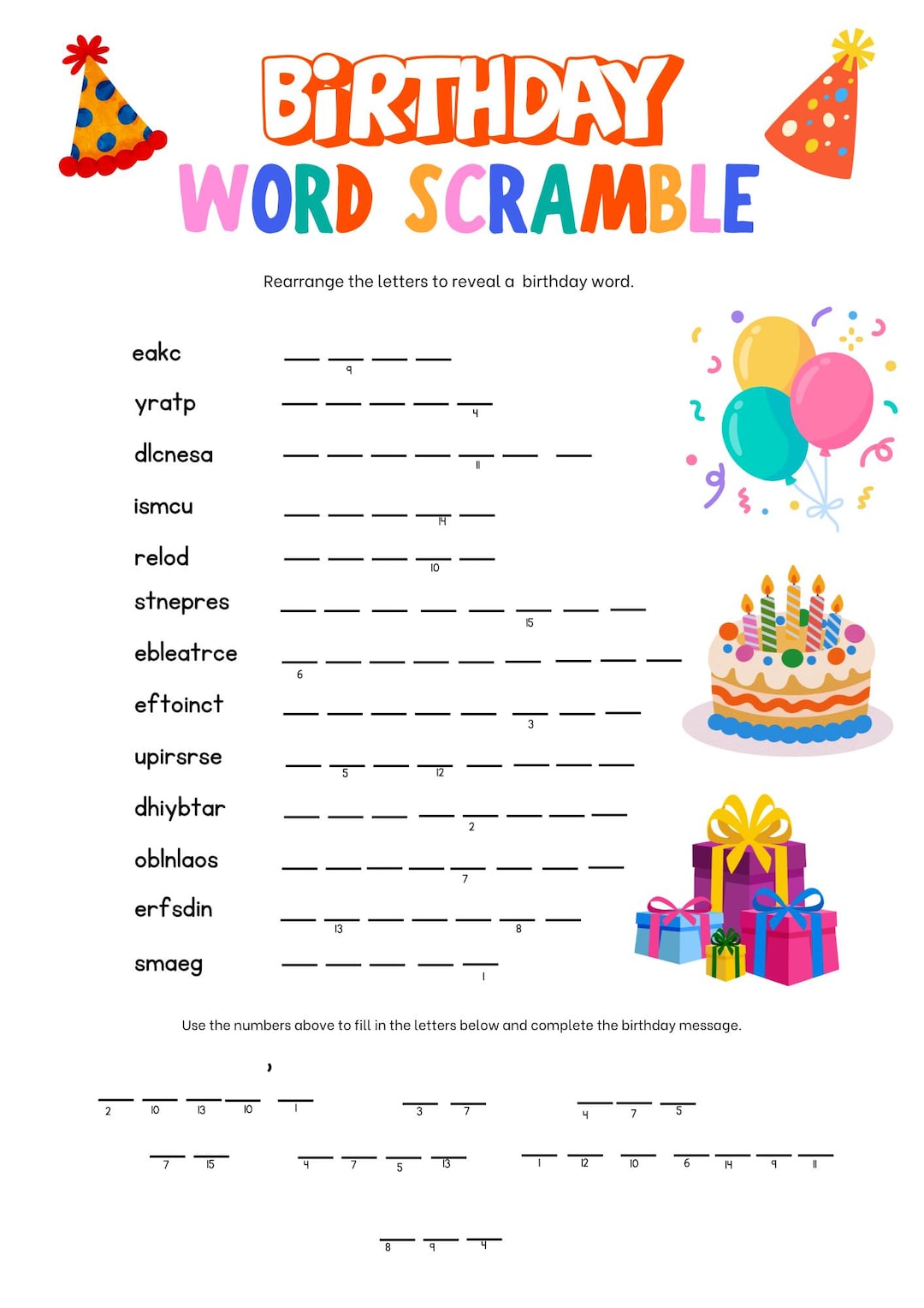 Birthday Word Scramble, Printable Birthday Game, Birthday Party Game ...