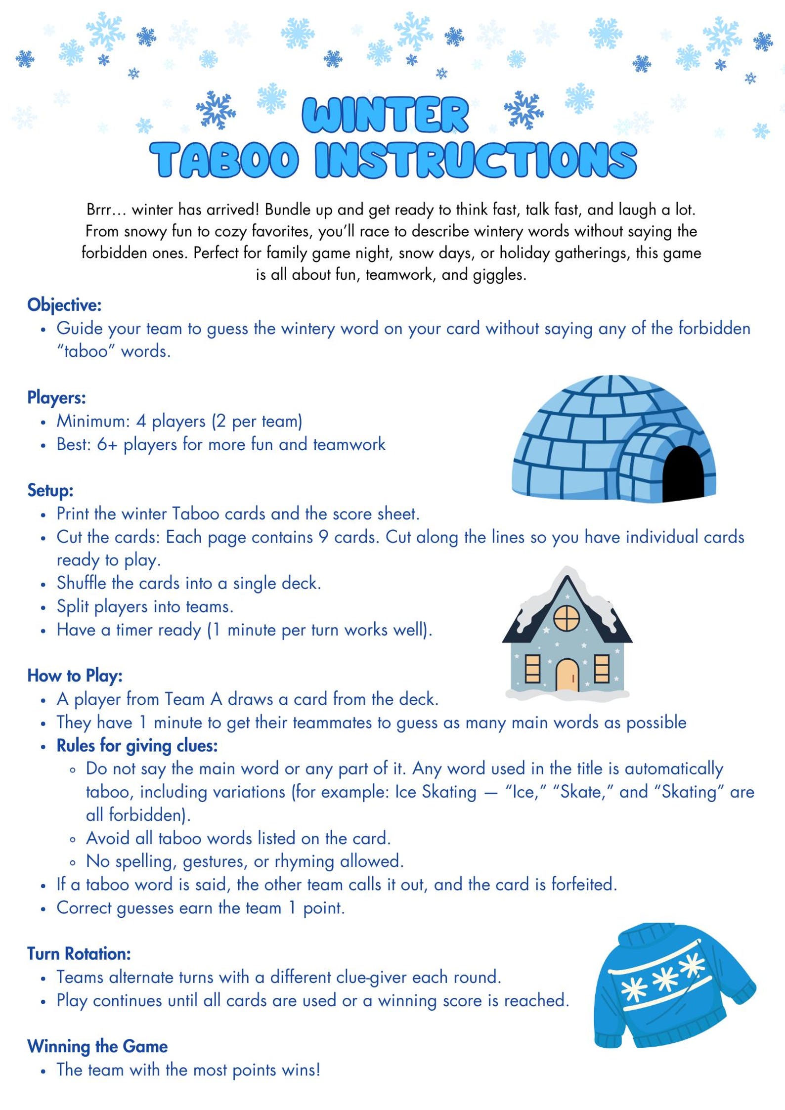 Winter Taboo Game Printable – Family & Kids-friendly Party Game ...