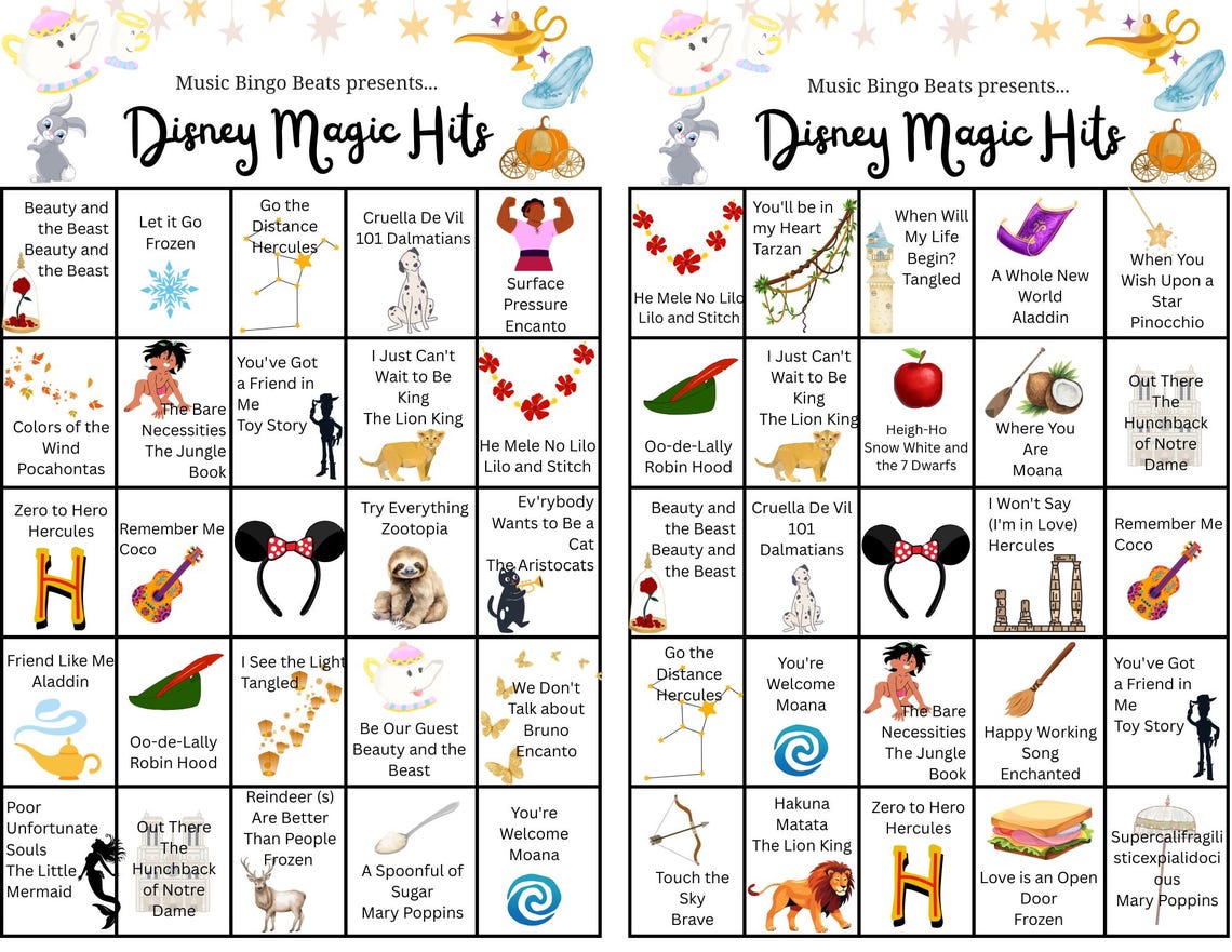 Disney Music Bingo – 20 Printable Cards, Playlist (digital Download) - Etsy