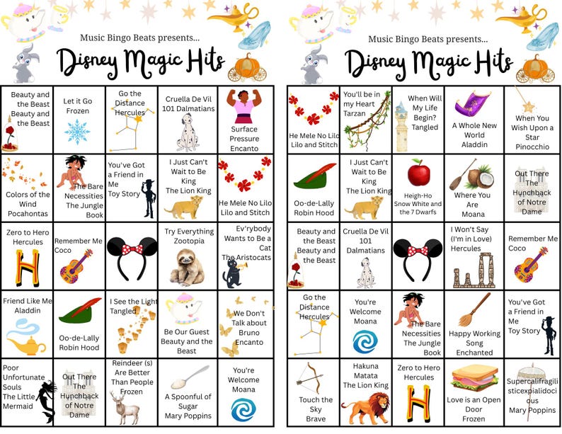 Disney Music Bingo – 20 Printable Cards, Playlist (digital Download) - Etsy