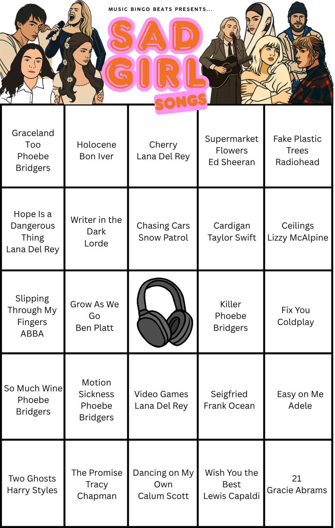 Sad Girl Music Bingo, 20 Bingo Cards, Playlist Included, Digital ...