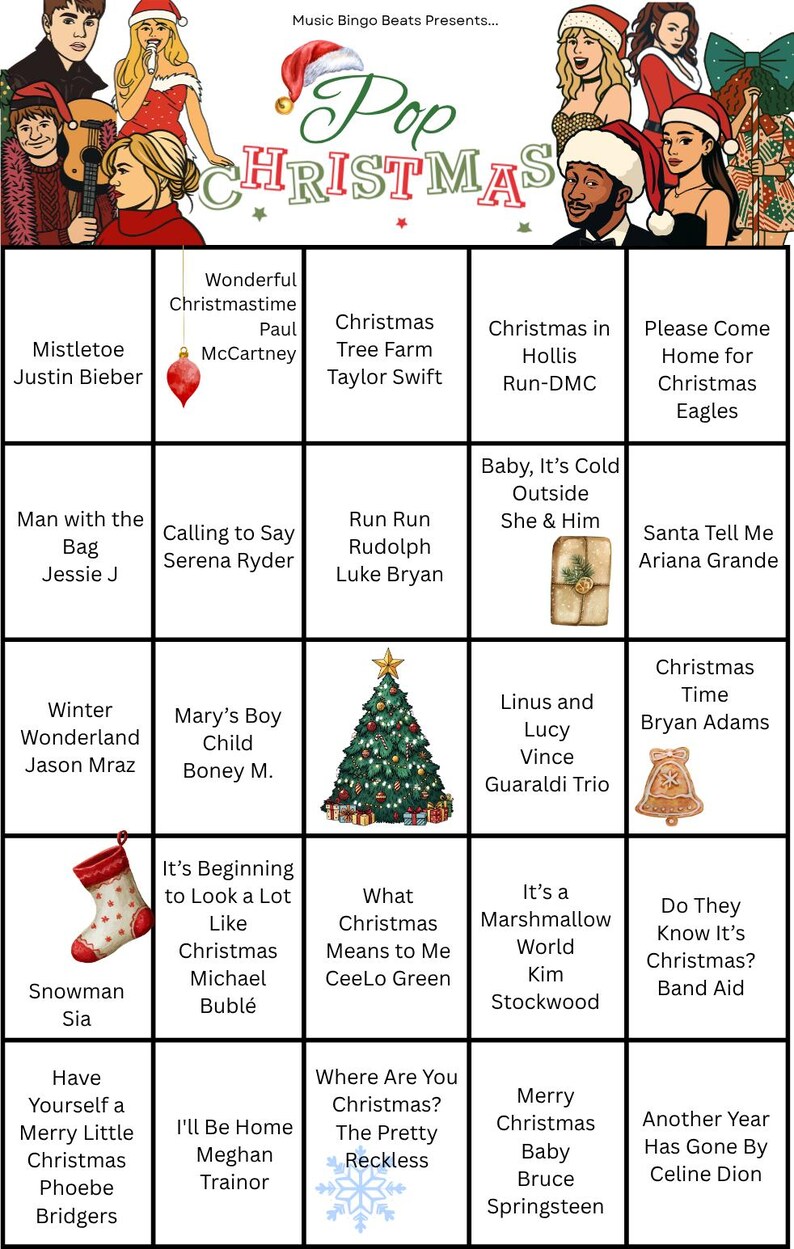 Pop Christmas Music Bingo, 20 Bingo Cards, Playlist Included, Digital ...